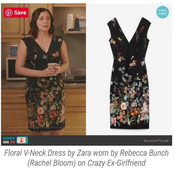 Zara | Dresses | Zara Floral V Neck Black Midi Dress Seen On Rebecca ...